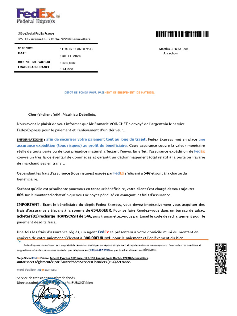 DEPOT FEDEX COURRIER EXPRESS DE MR Matthieu Debelleix | PDF | Assurance ...