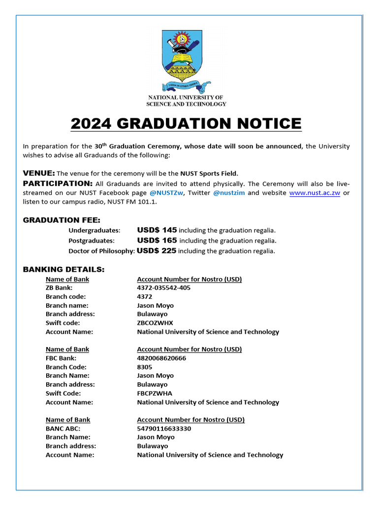 NUST 2024 Graduation Fee Details | PDF