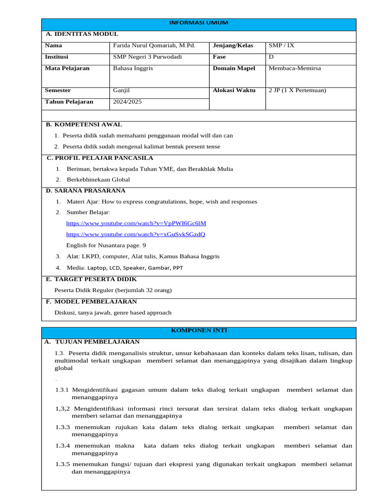 Modul Ajar IX - Congratulations | PDF