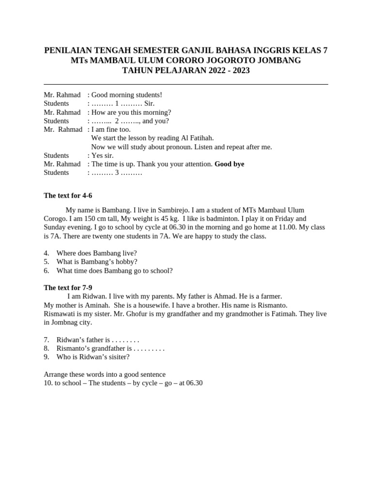 PTS Ganjil 2022-2023 MTs MU kls 7 | PDF