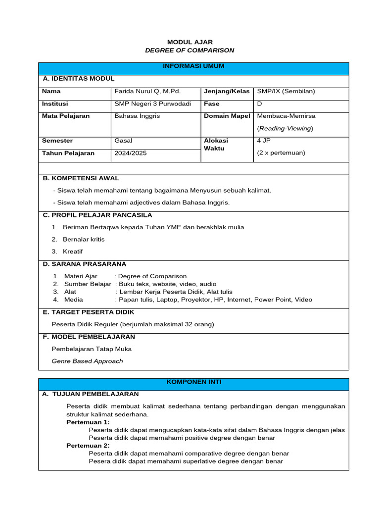 Modul Ajar - Degree of Comparison | PDF