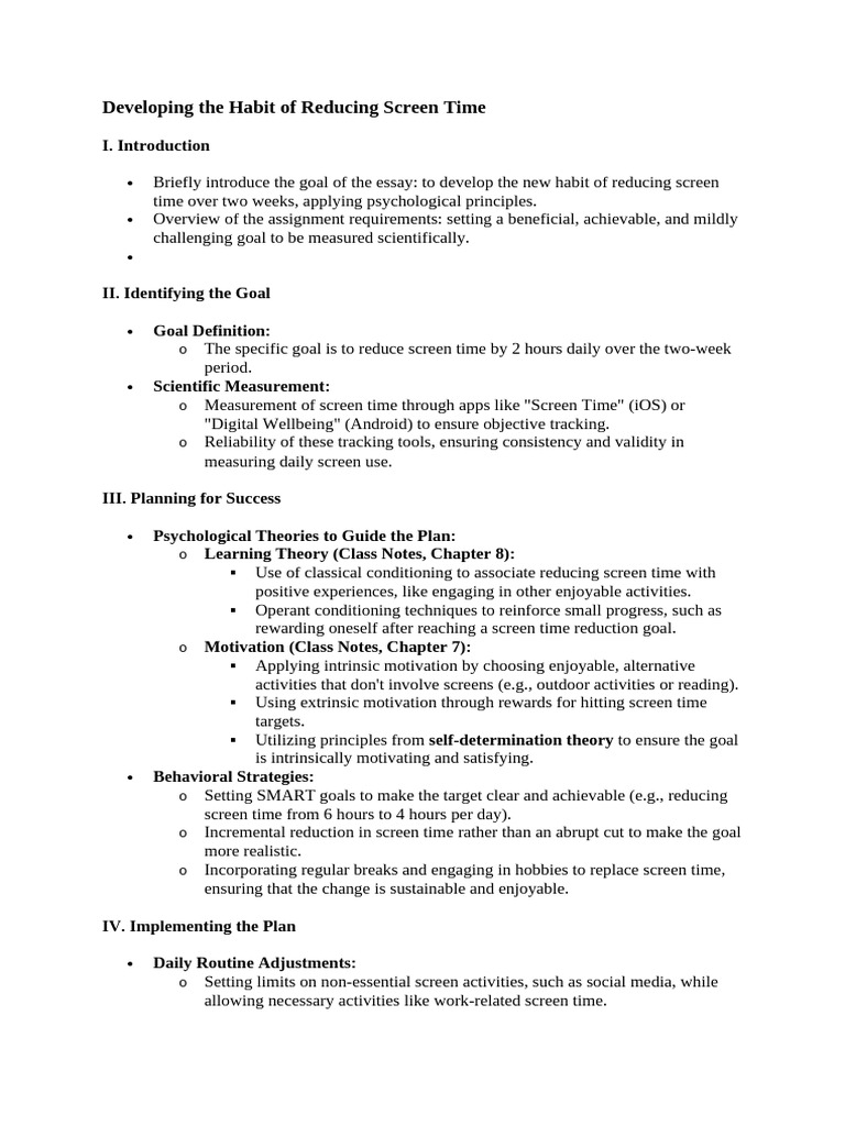 Developing the Habit of Reducing Screen Time | PDF | Motivational ...