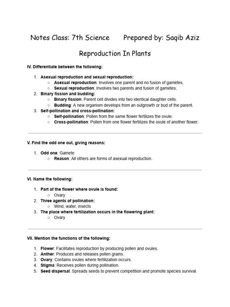 7th Science Reproduction in Plants Prepared by - Saqib Aziz | PDF ...
