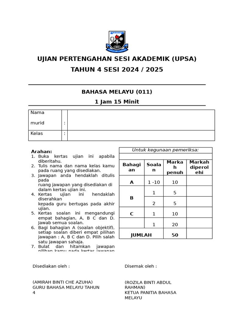 SOALAN UPSA BM TAHUN 4 | PDF