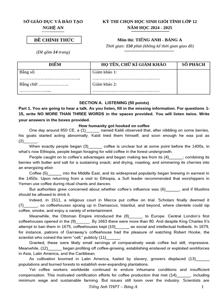 De Tieng Anh - HSG 12 - 2024 - Bang A | PDF | Coffee | Gesture