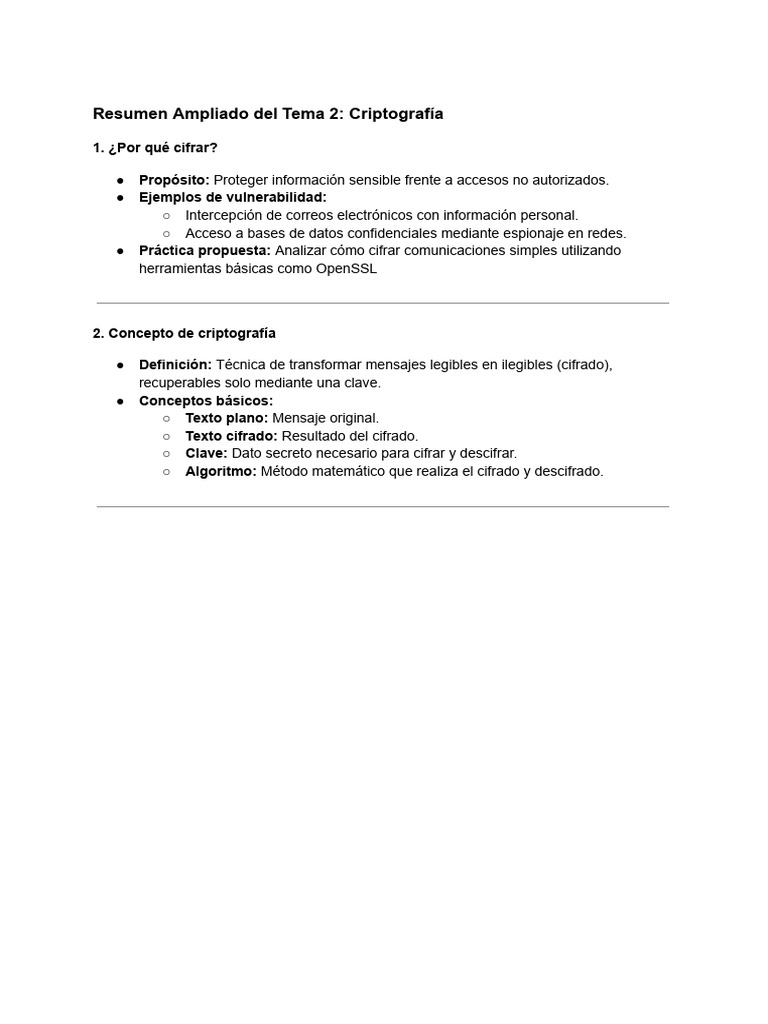 Resumen Tema 2_ Criptografía | PDF | Clave (criptografía) | Criptografía