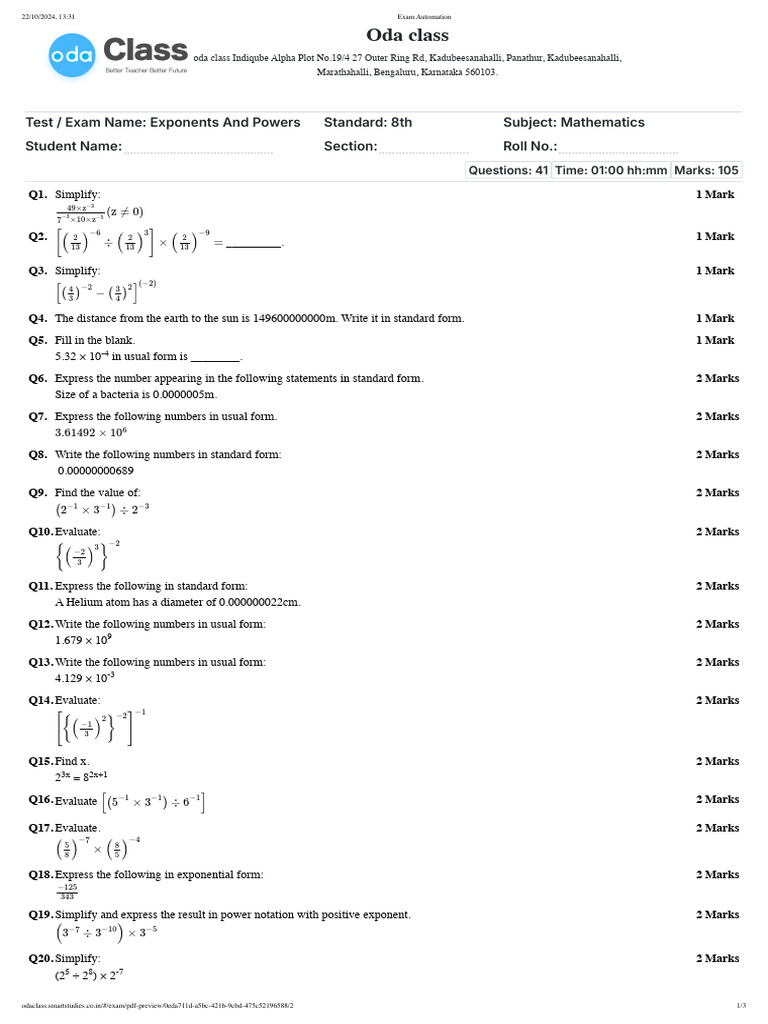 Exponents and Powers Worksheet | PDF | Planets | Solar System
