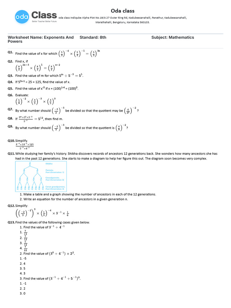 Exponents and Powers Worksheet Questions | PDF | Planets | Solar System