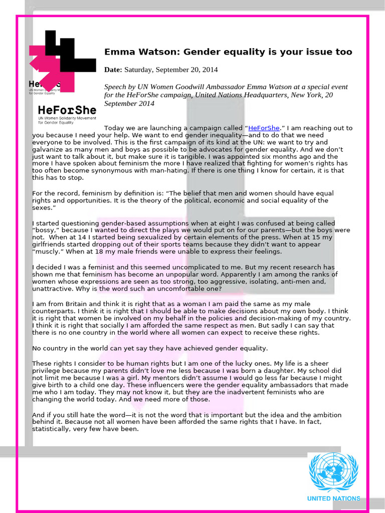 EMMA WATSON'S GENDER EQUALITY WORKSHEET | PDF | Gender Studies | Feminism