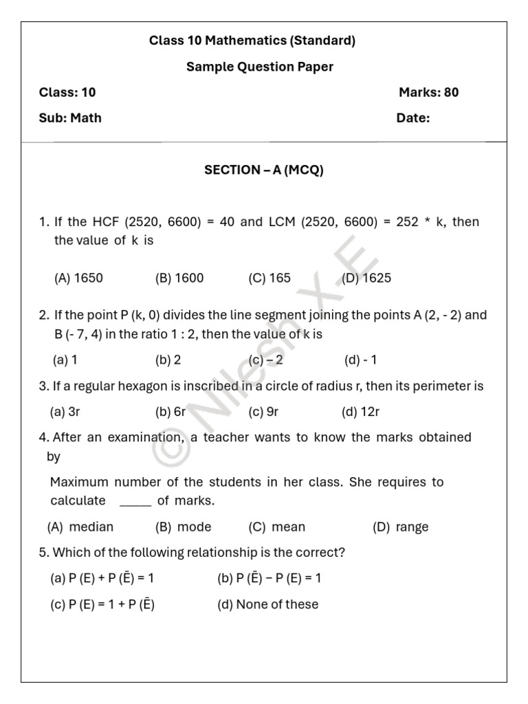 Class 10 Math Sample Paper | PDF | Zero Of A Function | Circle Class 10 Math Sample Paper | PDF | Zero Of A Function | Circle