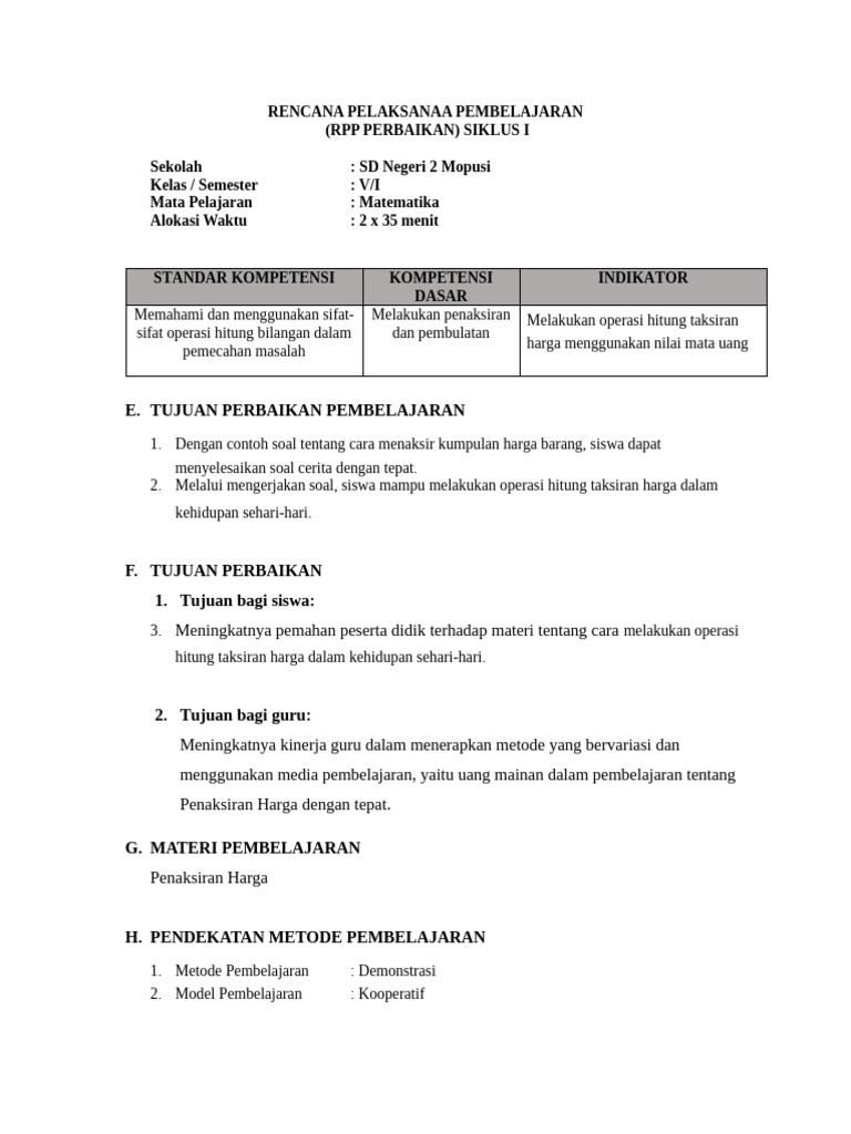 RPP siklus I dan Refleksi | PDF