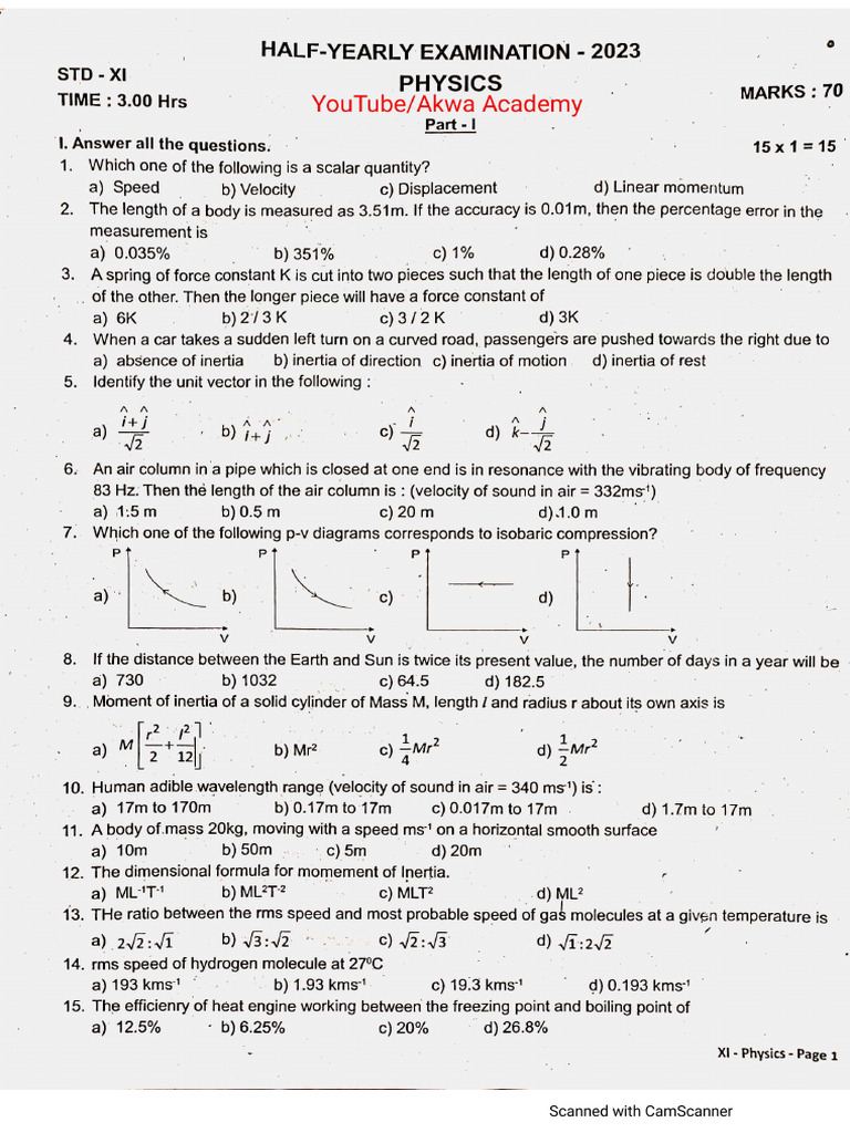 11th Physics EM Half Yearly Exam 2023 Question Paper Tirupattur District English Medium PDF ...