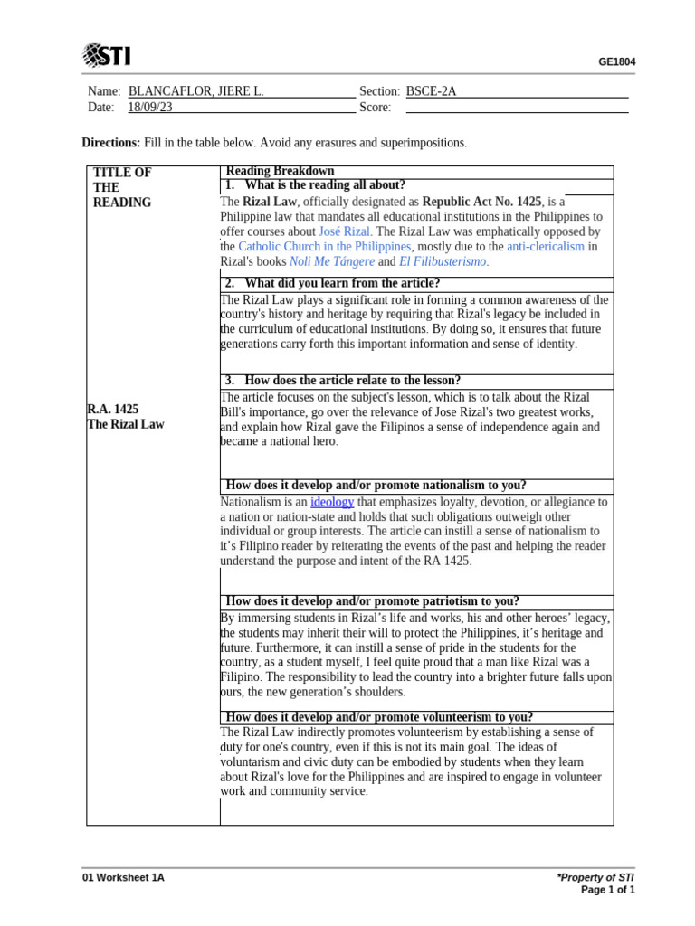 01 Worksheet 1a.blancaflor | PDF