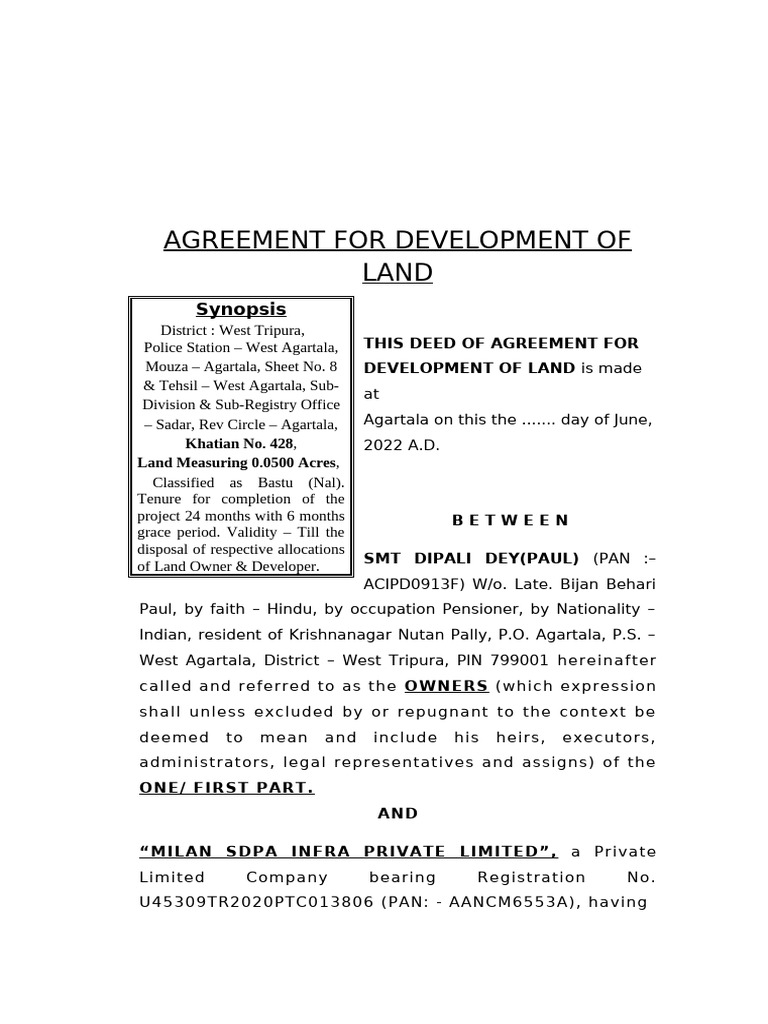 AGREEMENT FOR DEVELOPMENT OF LAND OF DIPALI DEY Corrected | PDF | Value Added Tax | Arbitration