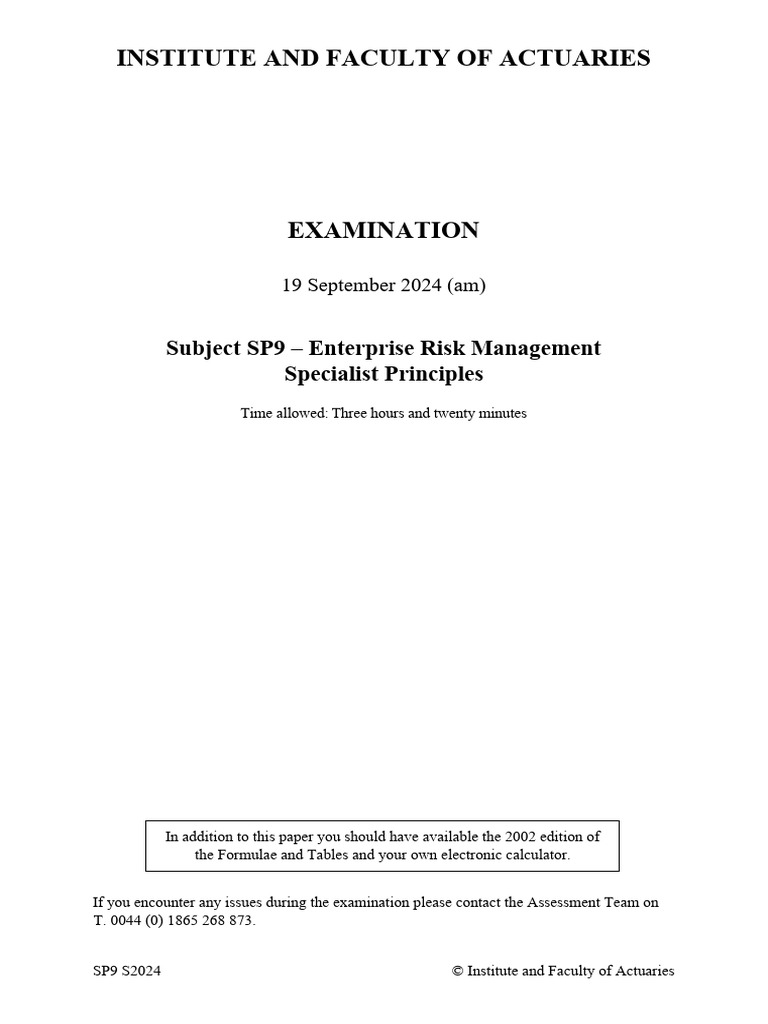 SP9 September 2024 Exam Paper | PDF | Insurance | Risk