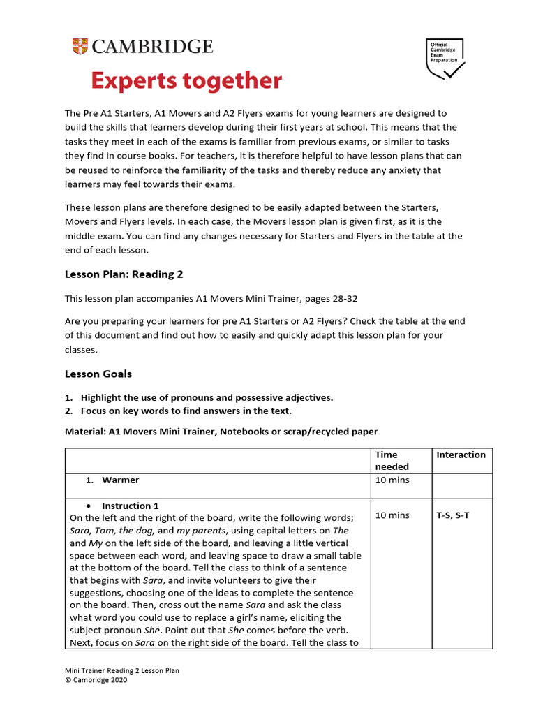 Mini Trainer Reading 2 Lesson Plan | PDF | Verb | Pronoun
