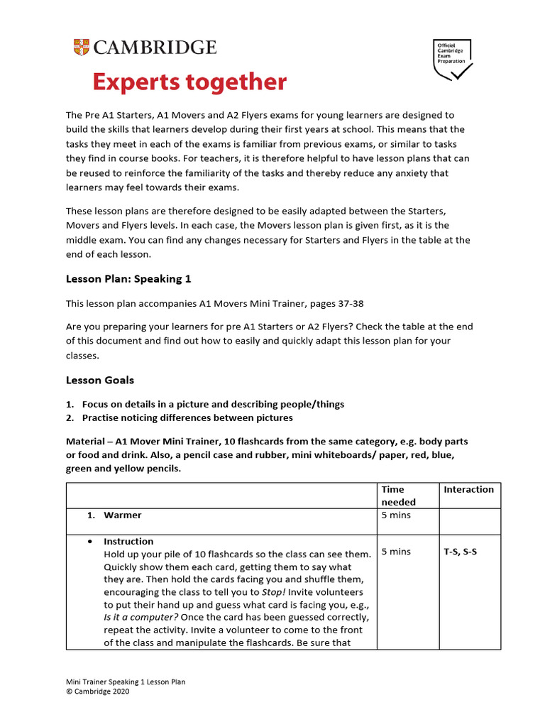 Mini Trainer Speaking 1 Lesson Plan | PDF | Lesson Plan | Learning
