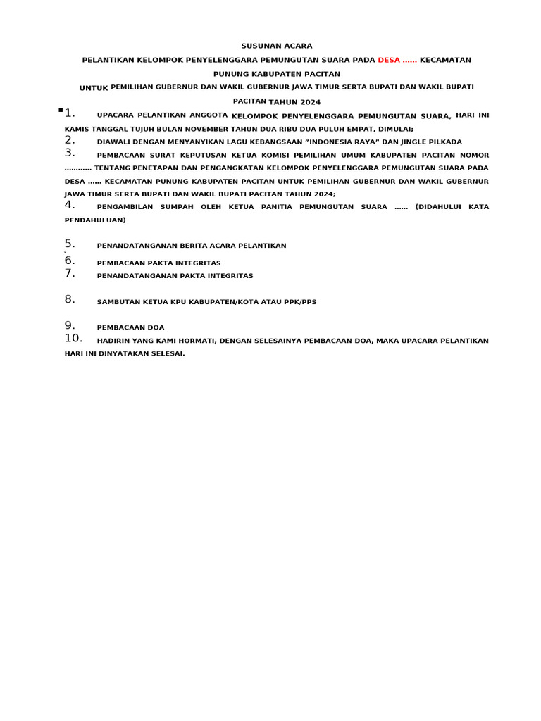 Susunan Acara Pelantikan KPPS | PDF