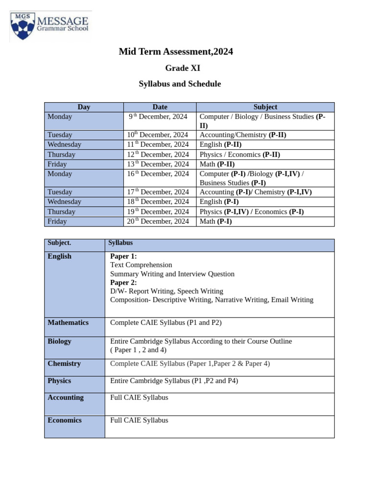 Grade 11 Mid-Term Syllabus and Schedule | PDF