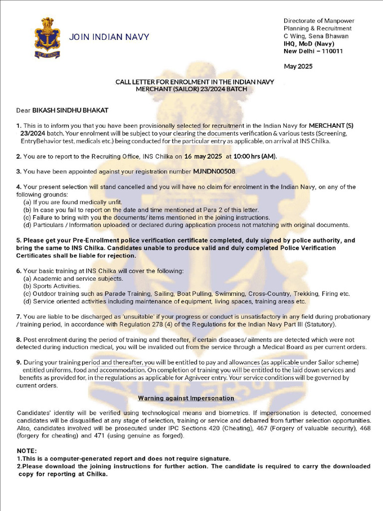 Indian Nevy Joining Letter | PDF