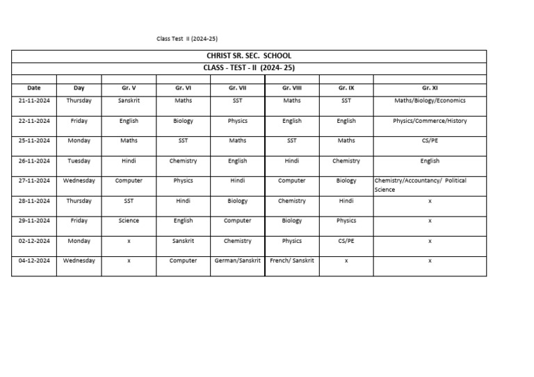 Class Test - II Time Table Christ | PDF
