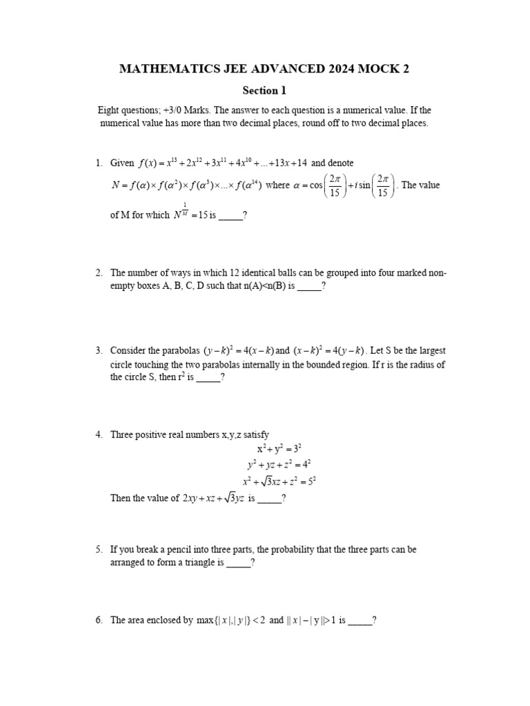 Jee Advanced 2024 Mock Test 2 | PDF | Mathematical Analysis | Arithmetic