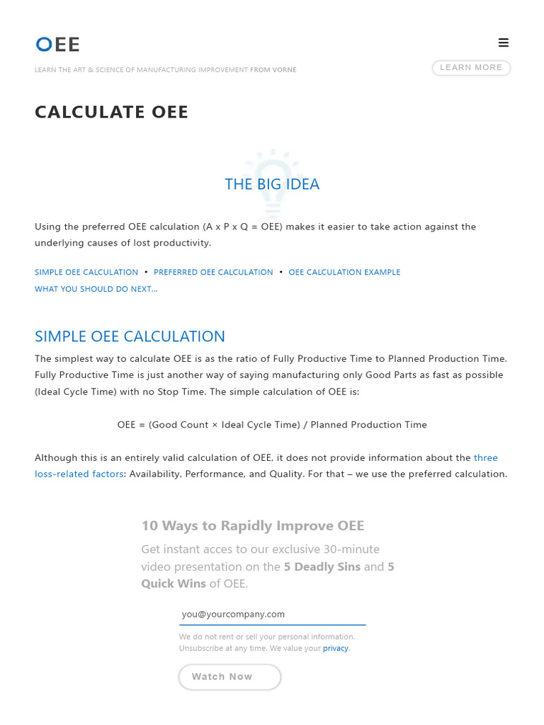 OEE Calculation - Definitions, Formulas, and Examples - OEE | PDF