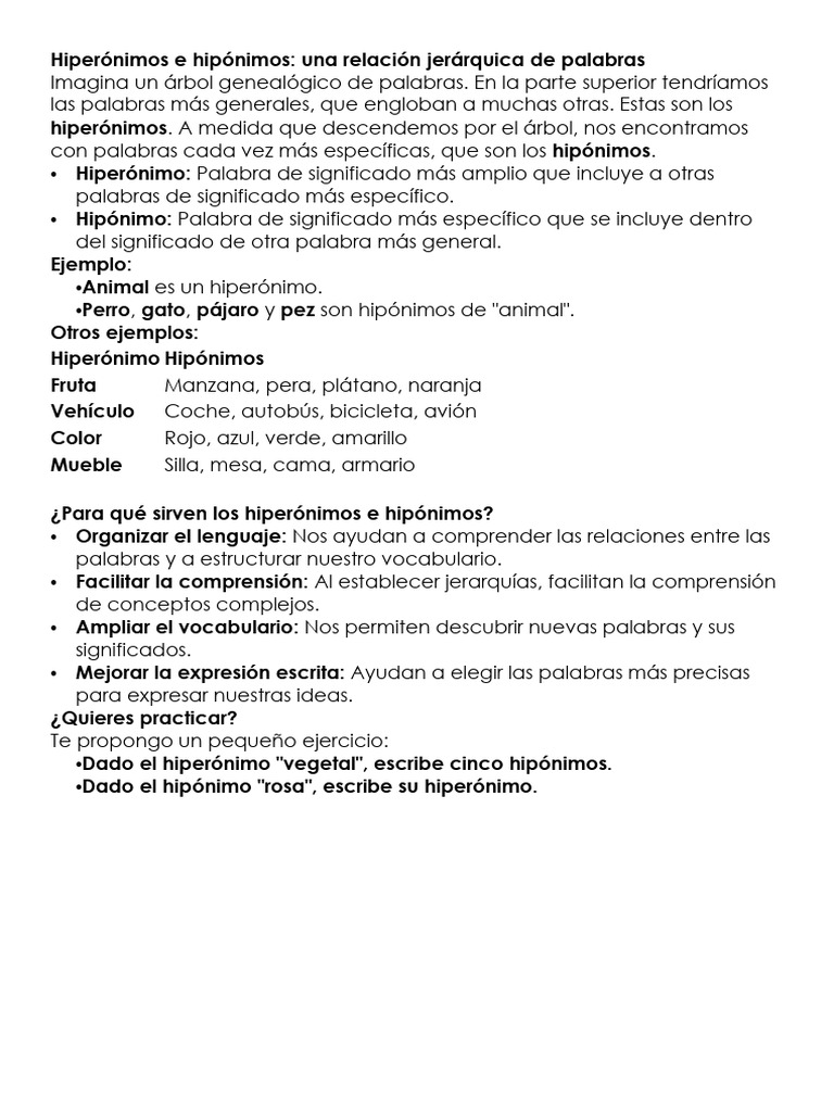 Hiperónimos e Hipónimos para Tercer Grado de Primaria | PDF