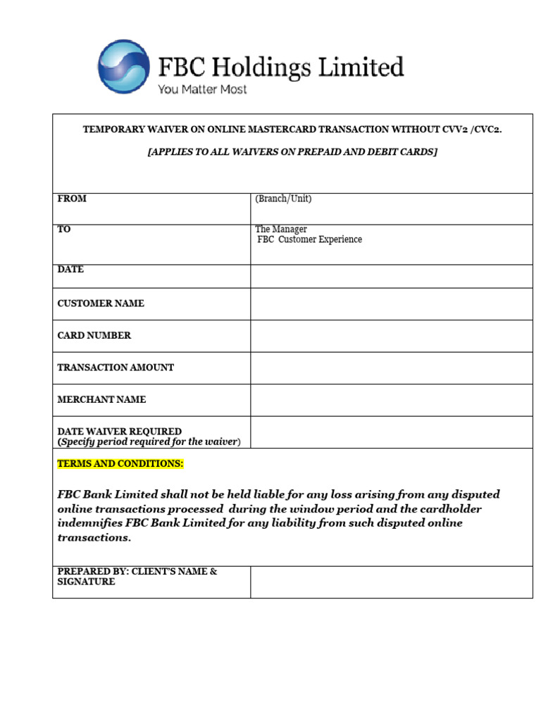 Mastercard CVV Waiver Application Form | PDF