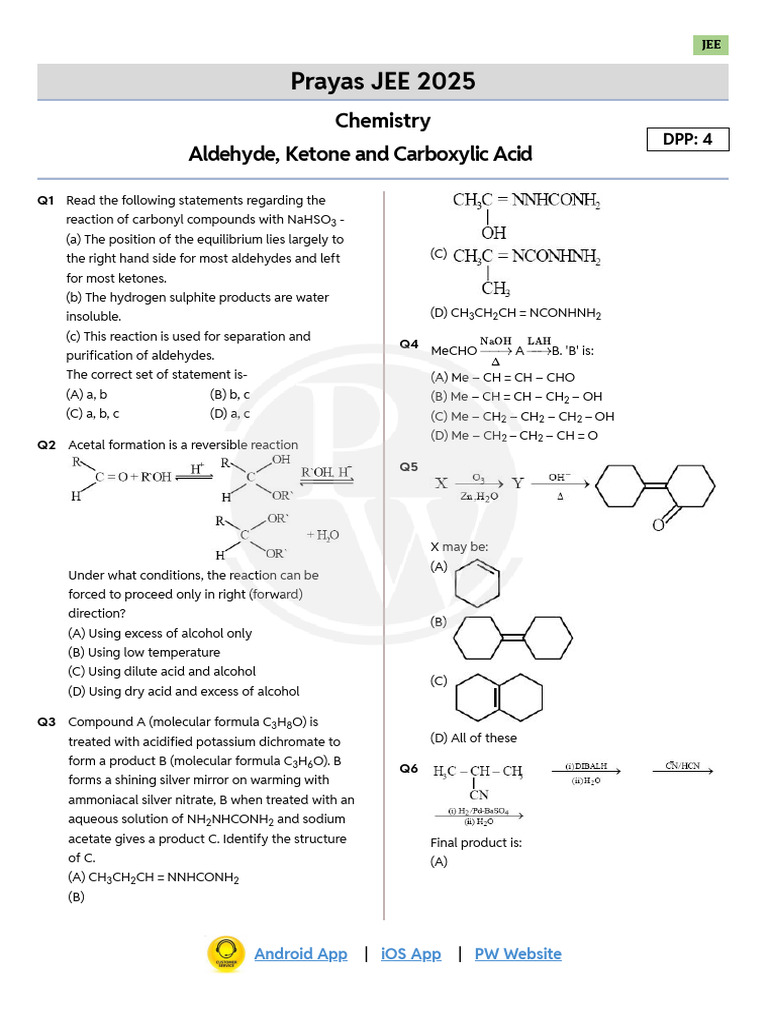 JEE 2025 Chemistry Practice Questions | PDF | Aldehyde | Ketone