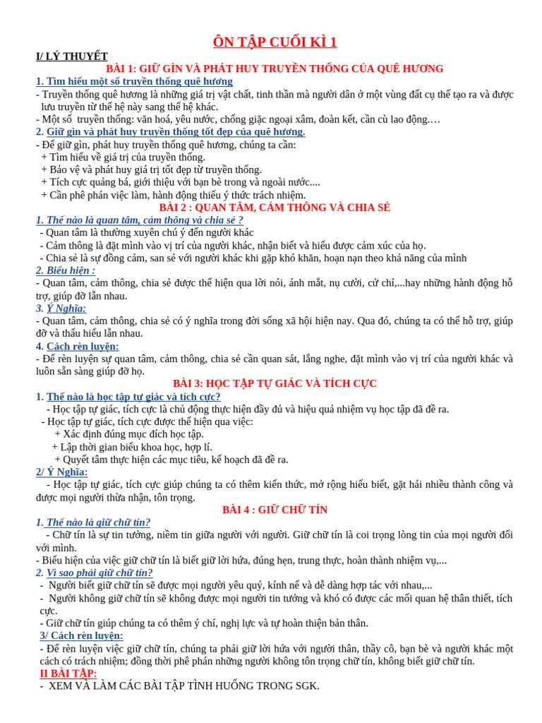 ÔN TẬP KTCK1 MON GDCD 7 | PDF