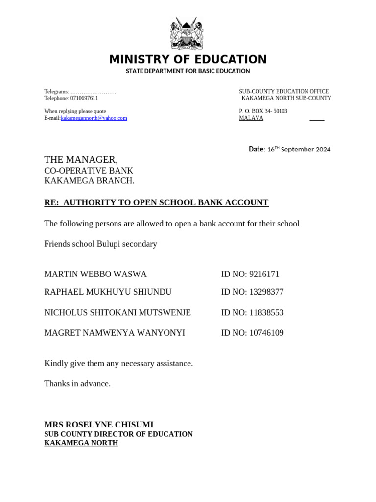 Authority To Open School Bank Account Bulupi | PDF