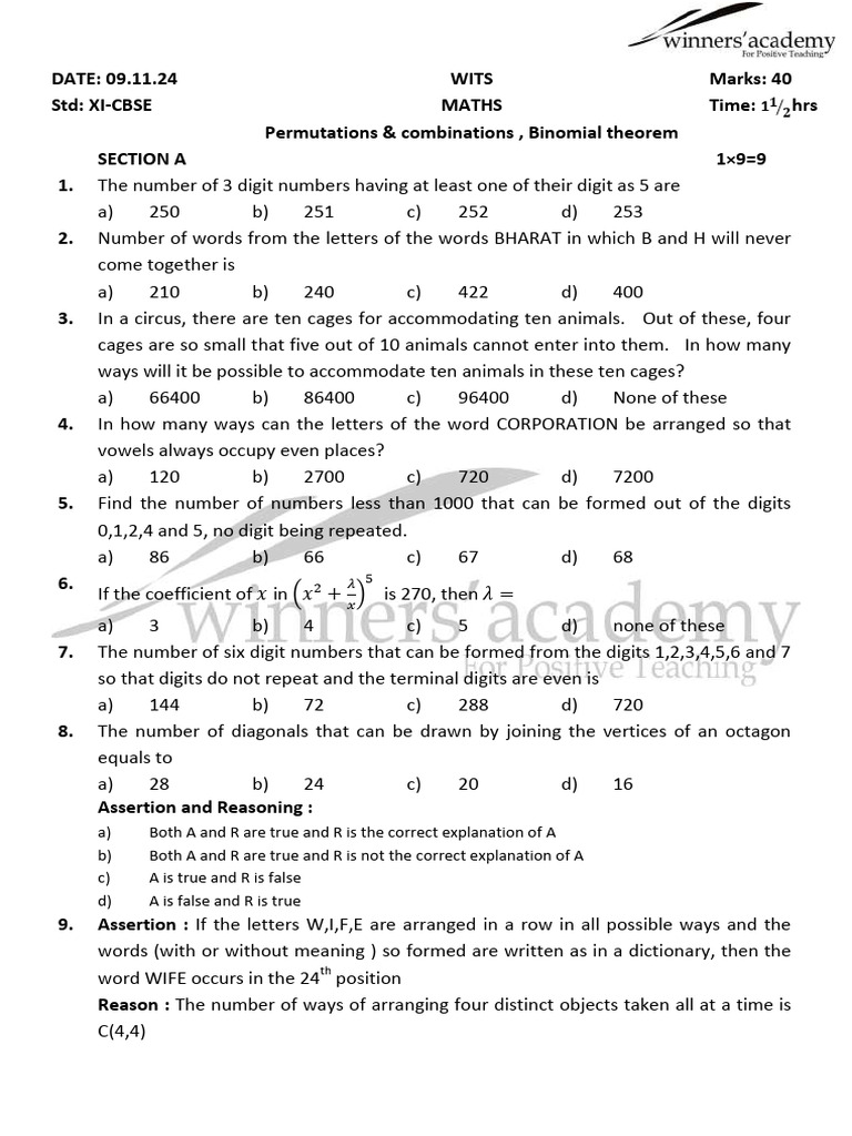 Xi Cbse Permutations And Combinations Binomial Theorem 09 11 24 Pdf Algebra Discrete