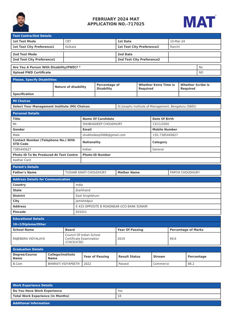 MAT Exam Application - Feb 2024 | PDF