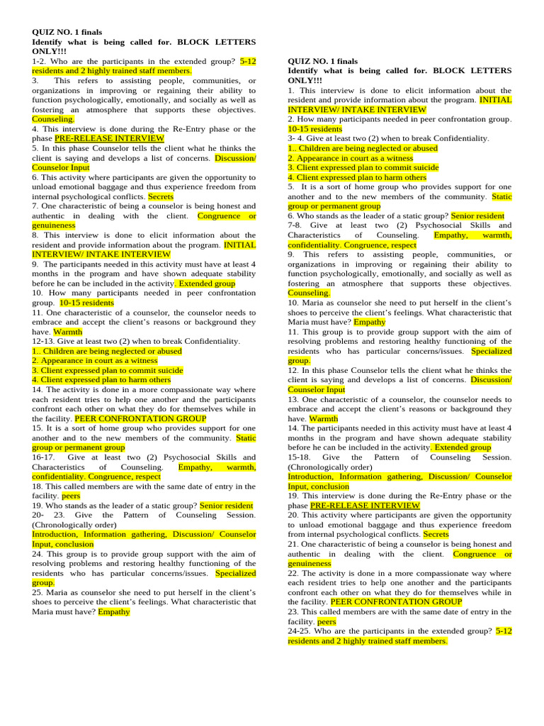 QUIZ 1 finals tm ans | PDF | Psychotherapy | Empathy