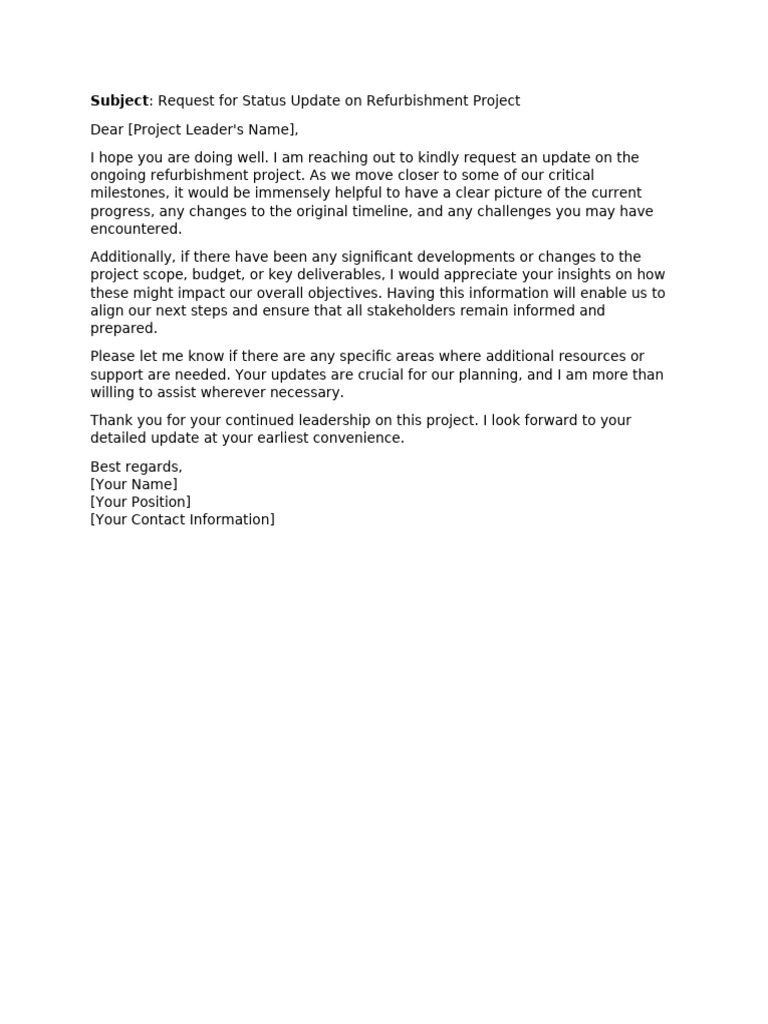 Status Update Request on Refurbishment | PDF
