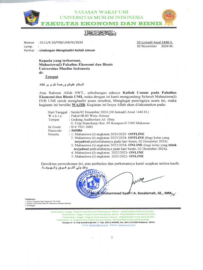 Undangan Kuliah Umum Mahasiswa FEB UMI | PDF