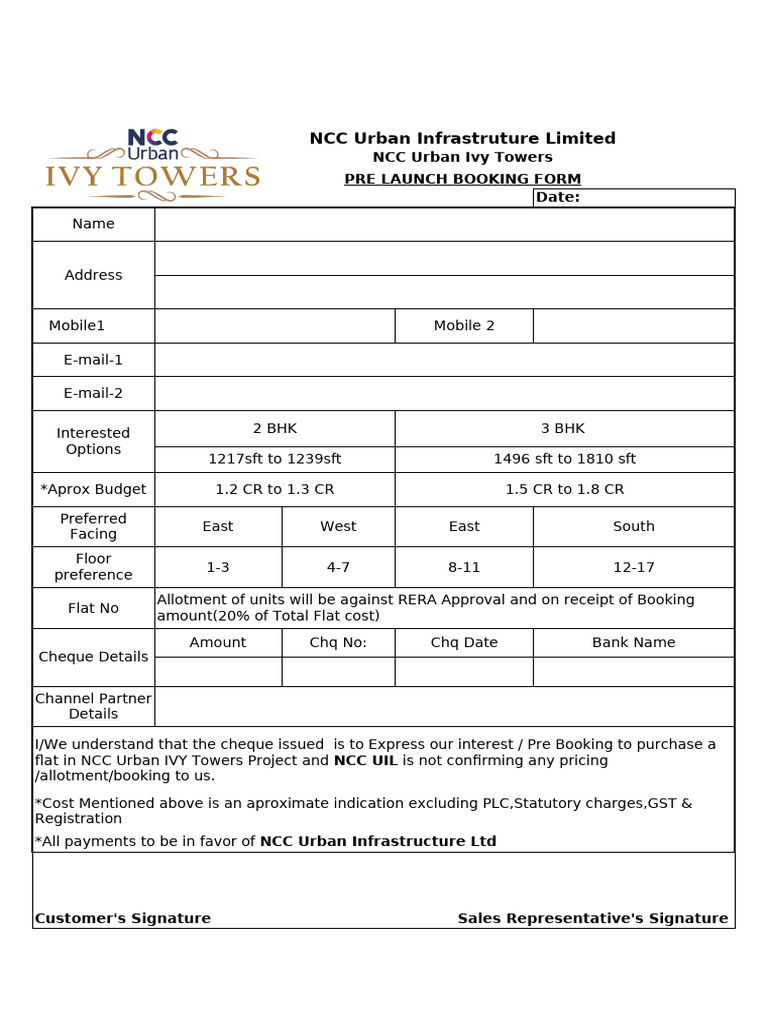 Pre Launch Booking Form - Ivy Towers | PDF