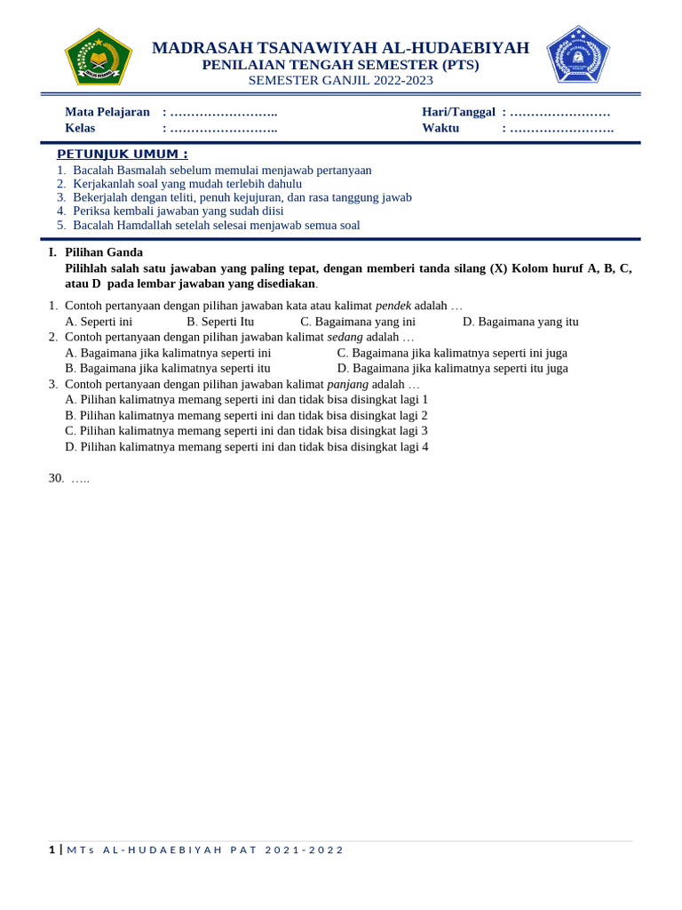 Contoh Format Soal PTS 2022 A4 | PDF