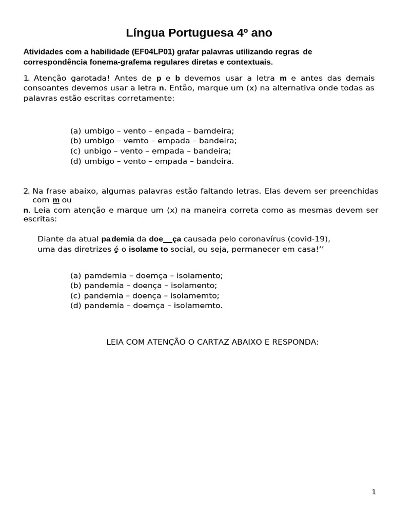 Atividades de Grafemas e Fonemas 4º Ano | PDF | Famílias linguísticas ...