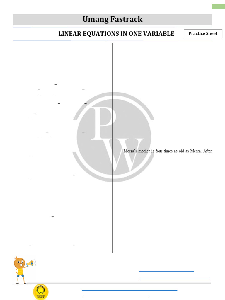 Linear Equations in One Variable _ Practice Sheet __ (Umang Fastrack ...