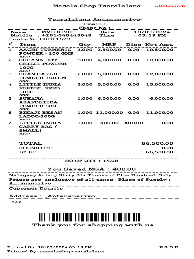 Masala Shop Invoice - Tsaralalana | PDF