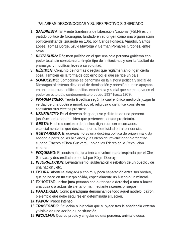 Palabras Desconocidas y Su Respectivo Significado | PDF | Frente ...