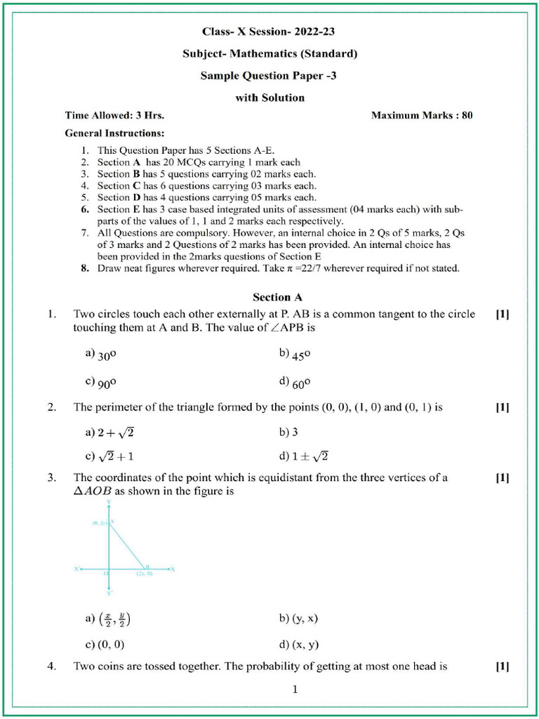 @class - 10 - Guides MATHS Standard Sample Paper - 3 | PDF