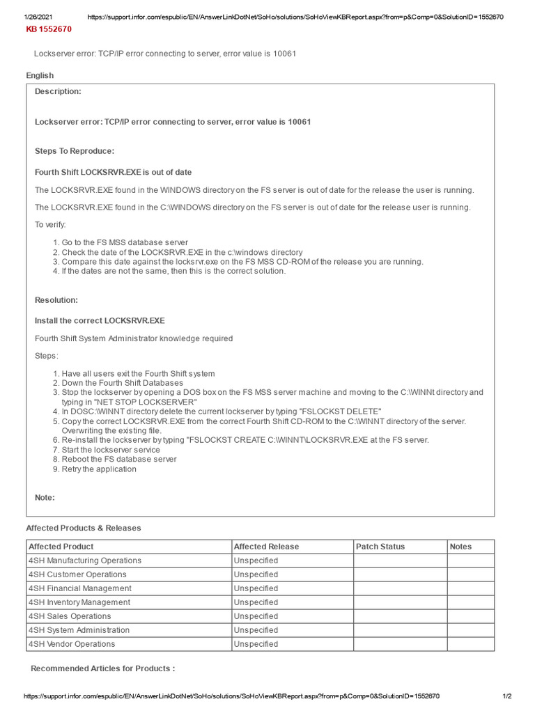 FS Note 1552670 - Lockserver Error - TCP IP Error Connecting To Server ...
