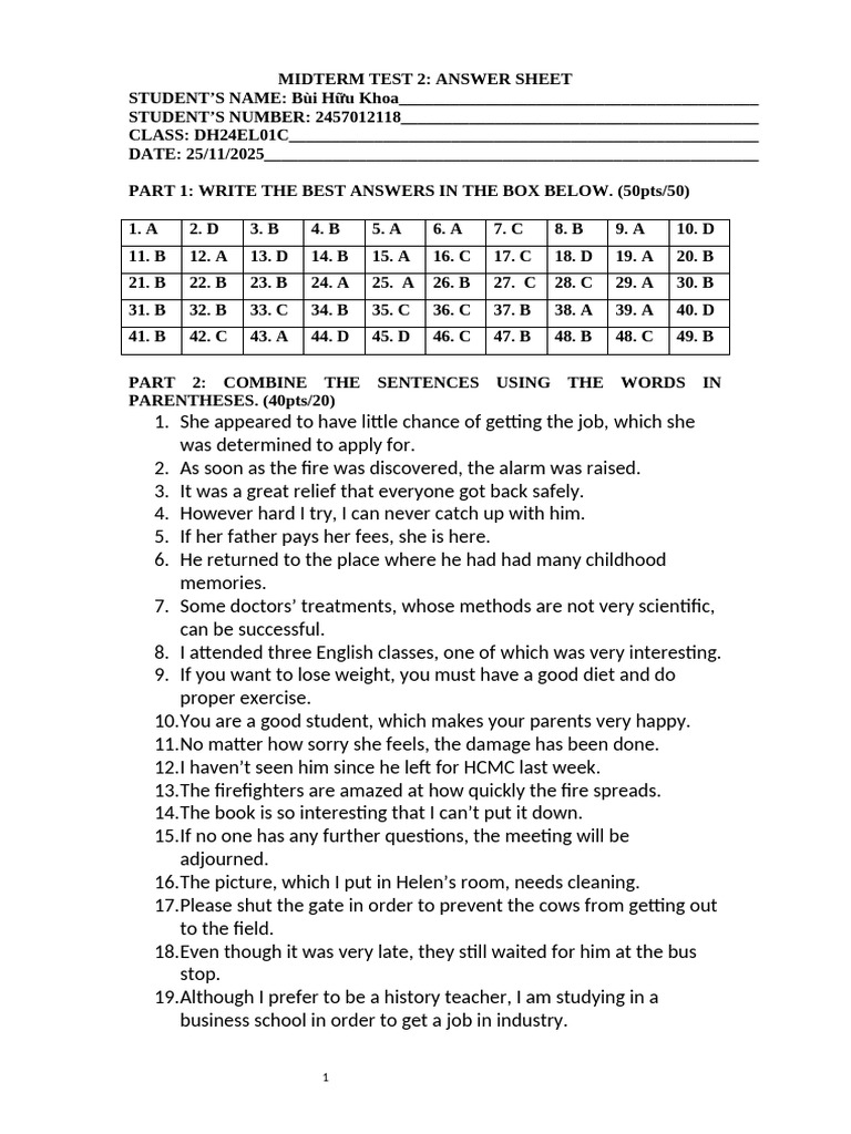 Answer Sheet (2) | PDF