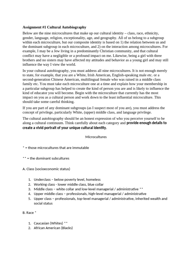 Assignment #1 Cultural Autobiography | PDF | Identity (Social Science) | Hispanic And Latino ...