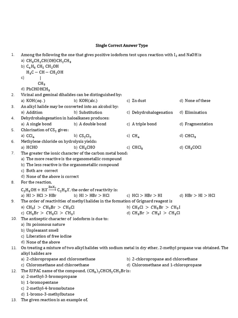 NEET/JEE Chemistry: Haloalkanes Quiz | PDF | Methyl Group | Ether