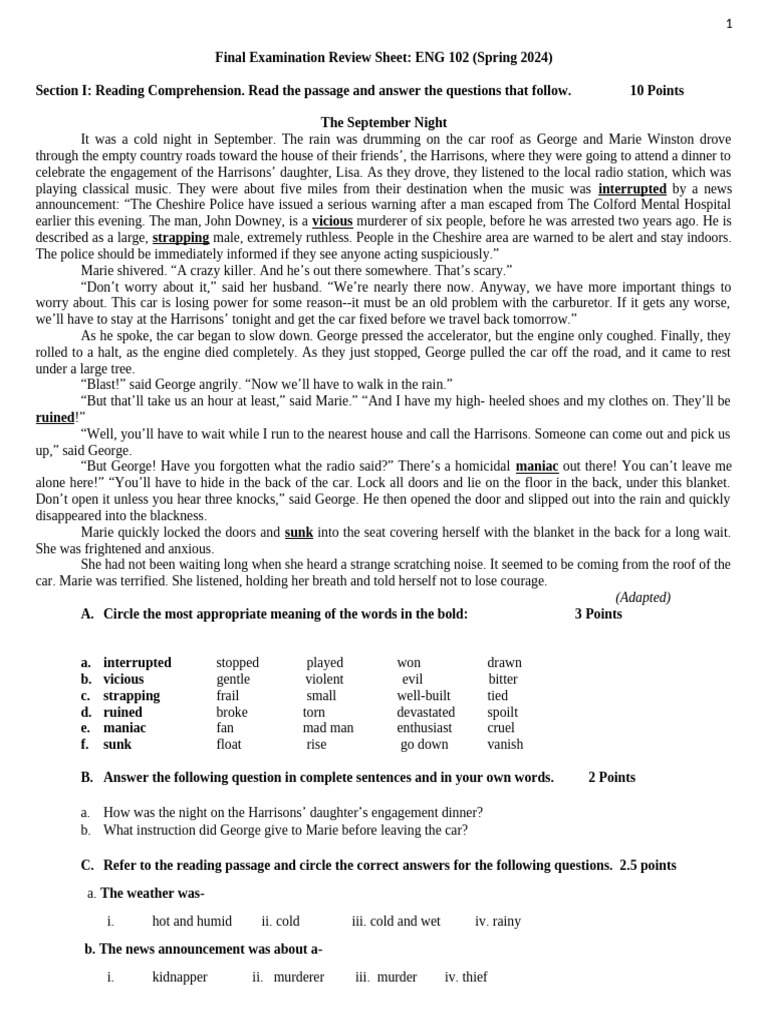 Final Exam Review Sheet - Spring 24 - ENG 102 | PDF | Travel Visa