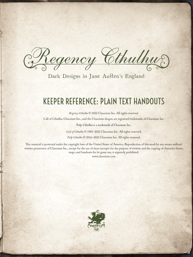 Regency Cthulhu Plain Text Handouts | PDF